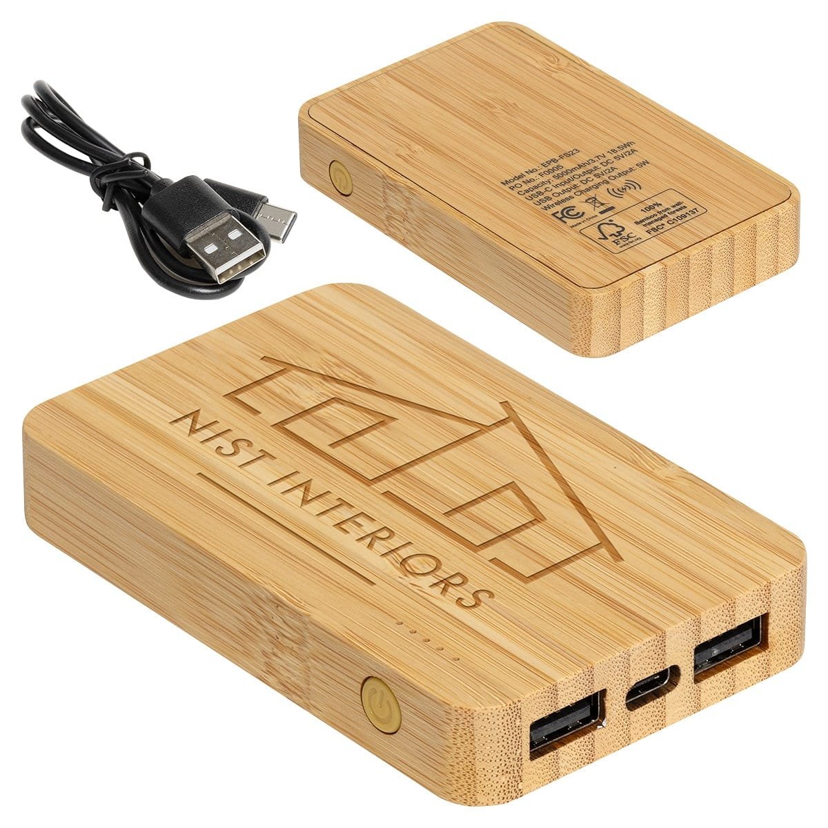Custom FSC® Bamboo 5000mAh Dual Port Power Bank with Wireless Charger ...